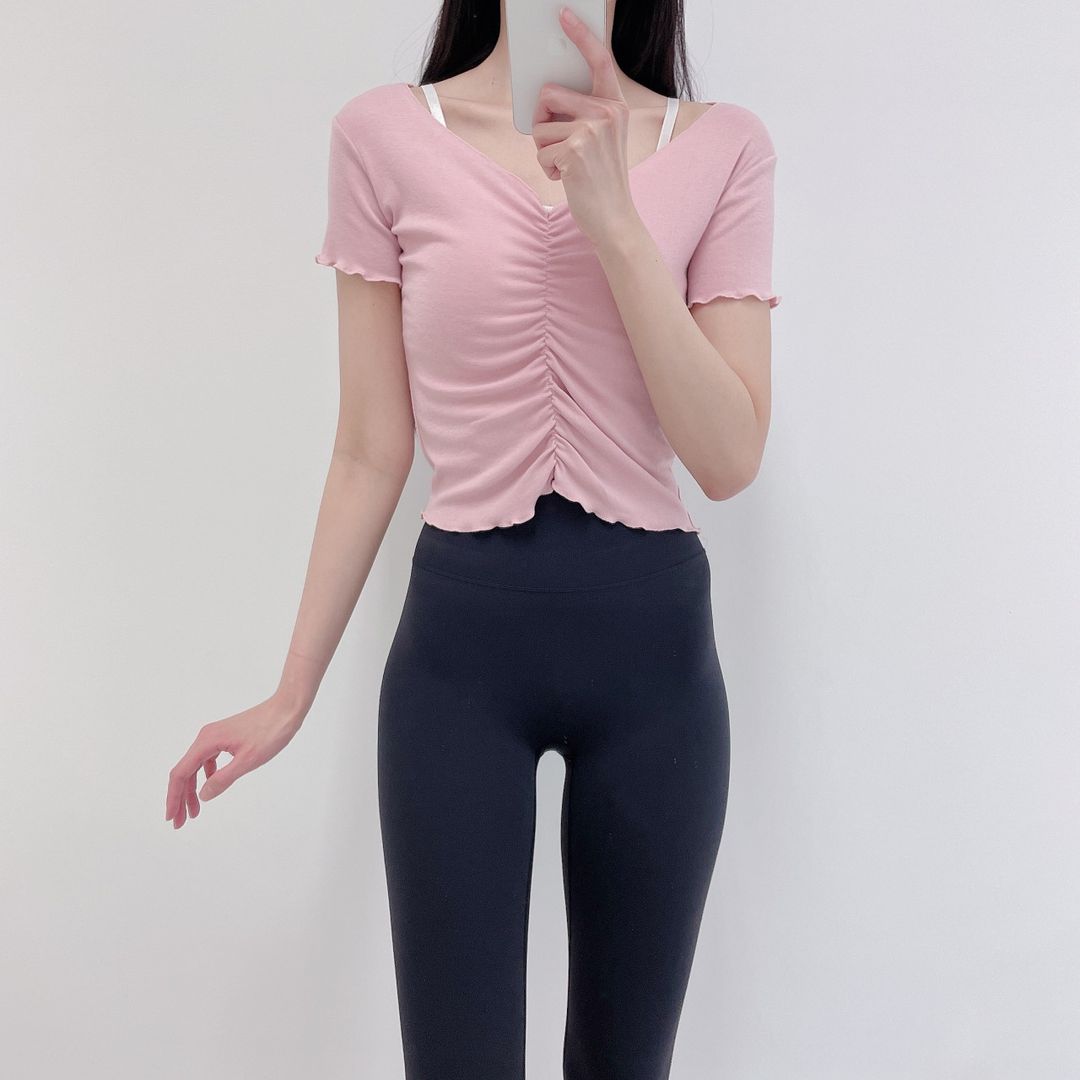 로라벨 프릴셔링 필라테스복 여성 요가복 필라테스 요가 상의 티셔츠 옷 커버업 크롭 복장