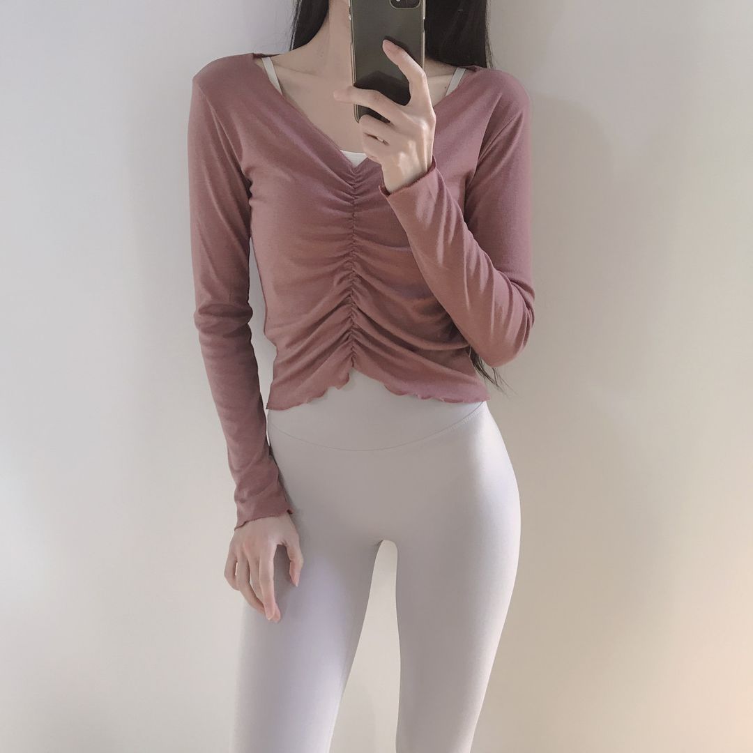 로라벨 프릴셔링 필라테스복 여성 요가복 필라테스 요가 상의 티셔츠 옷 커버업 크롭 복장
