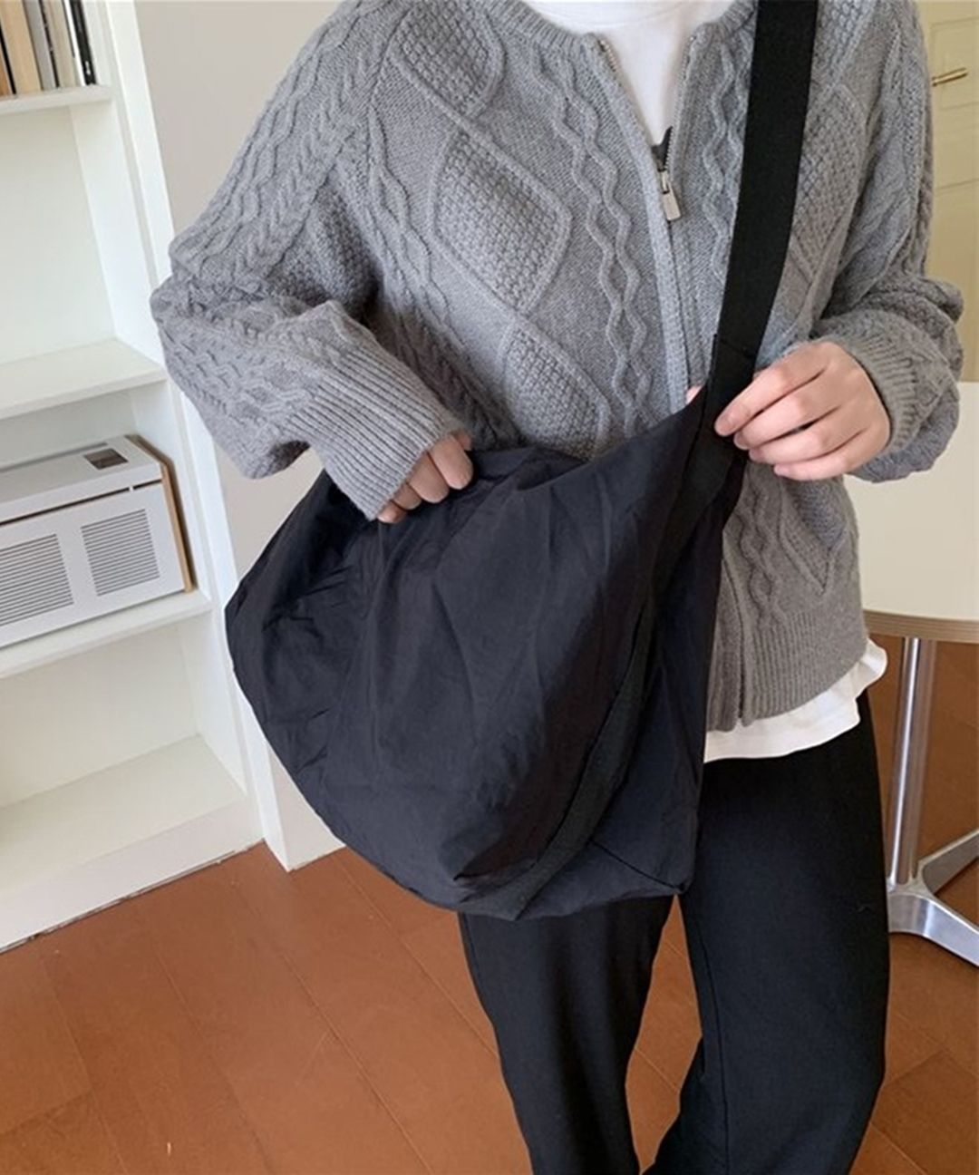 폴리 나일론 패브릭 호보 빅백 숄더 크로스 캐주얼 가방 블랙 카키 베이지 아이보리