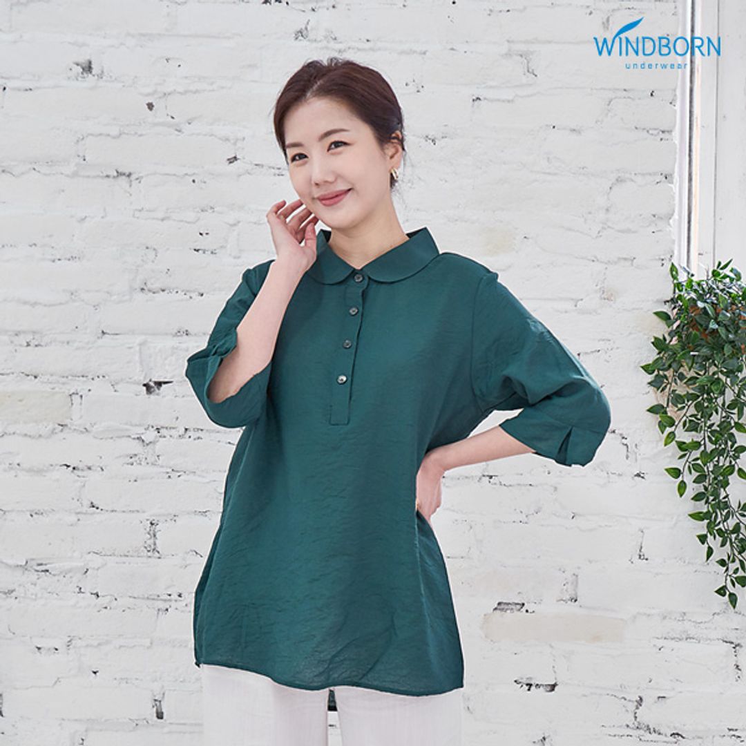 포스티 인견 하프셔츠 라운드형 7부 블라우스그린