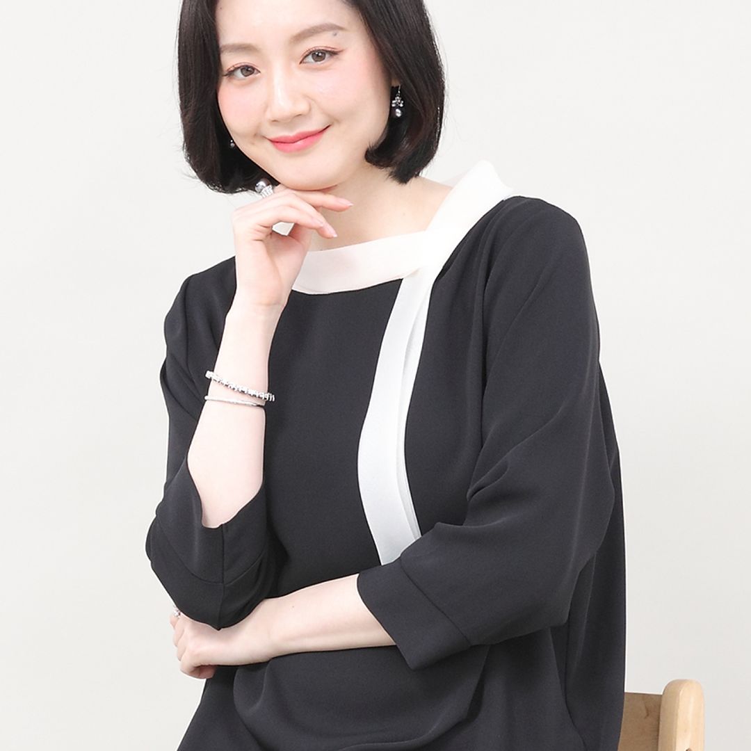 포스티 아나운서 오간자 스카프 타이 스텐딩 카라 여성 봄 여름 칠부 롱 원피스 K04302