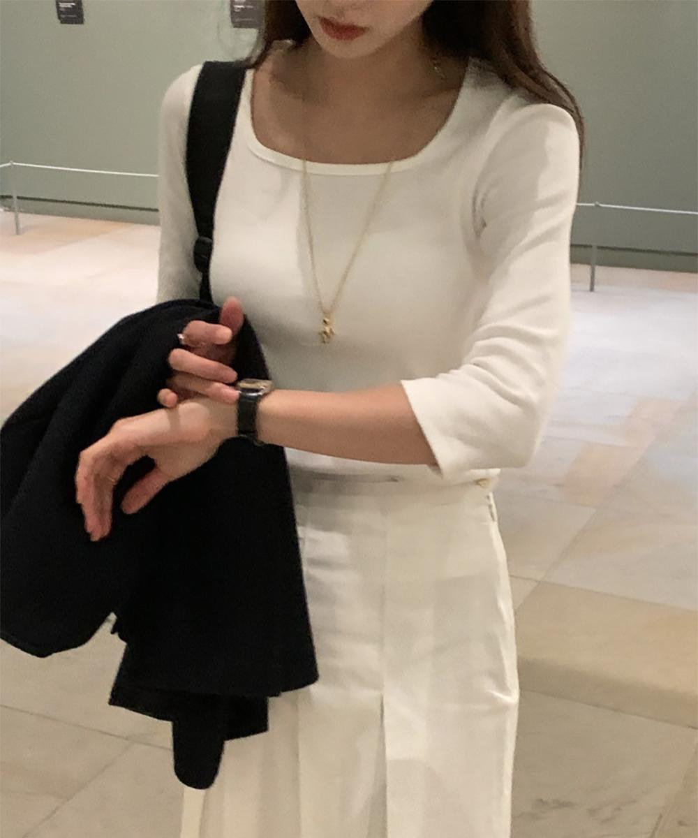 진심 리브드 스퀘어넥 티셔츠 (3col) jinsim