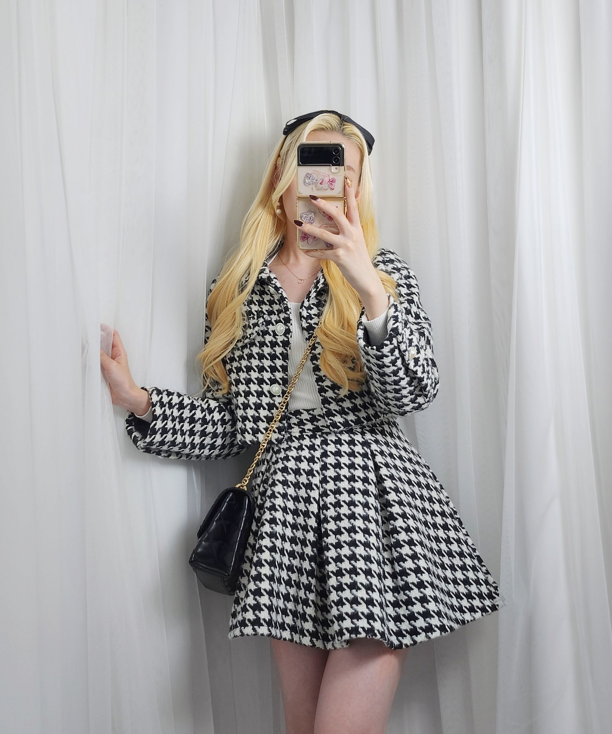 무야쓰부티크 자켓스커트set 최저가 보장 하운드트윌세트 블랙 화이트 하운드 트윌 트위드 크롭 자켓 플리츠스커트 투피스세트