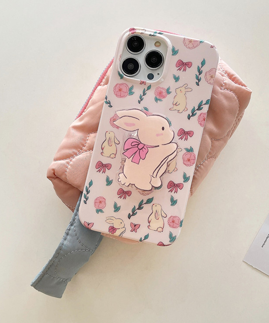 핑크리어카 귀여운 아이폰 토끼 리본 스마트톡 거치대 유니크 키치 플라워 실리콘 핸드폰 휴대폰 애플 폰 우정 생일 선물 친구 선물 케이스 아이폰케이스 11 12 프로 13