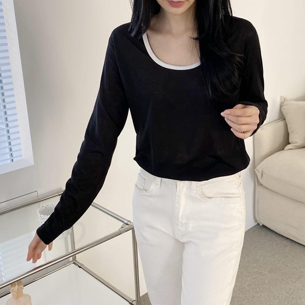 배색 기본 유넥 이너 레이어드 긴팔 티셔츠 4컬러