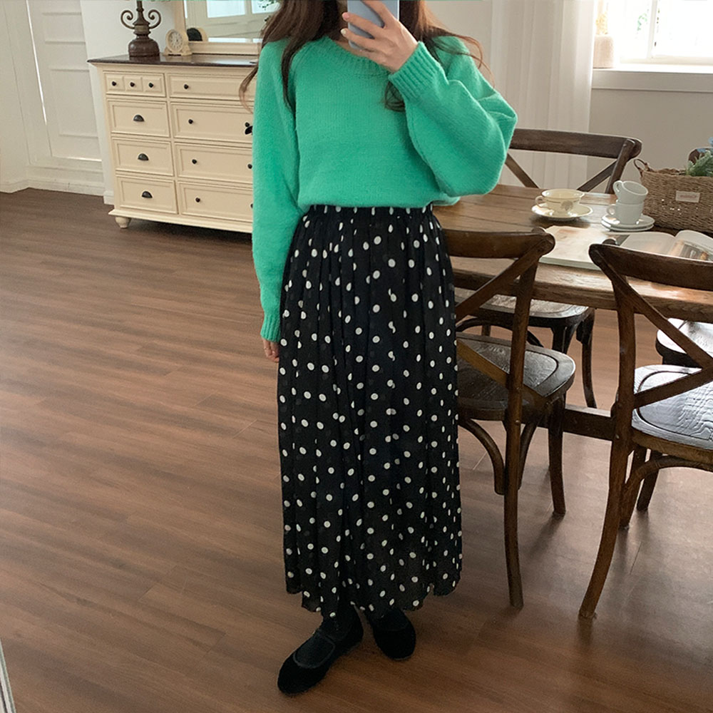 프롬바이 [트렌디/2Col] 데일리 도트 땡땡이 플리츠 허리 밴딩 롱 치마