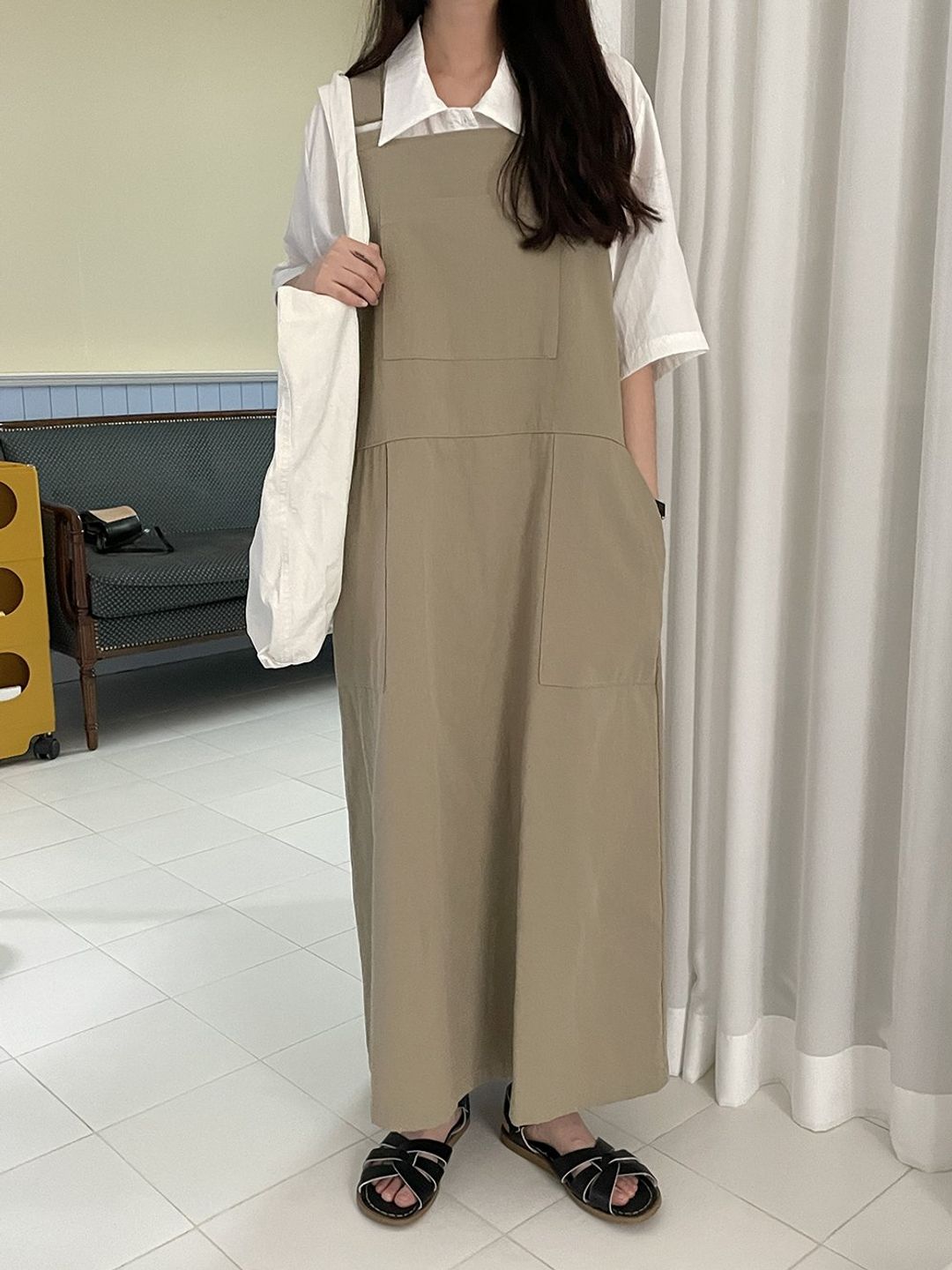 멜빵치마 면 봄 화이트 카고 멜빵조절가능