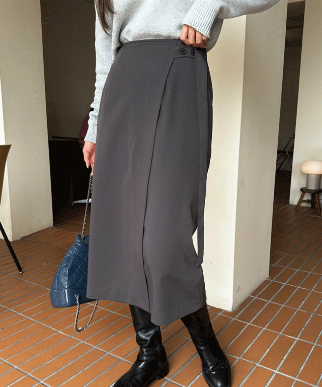 Mds Pick 버튼 단추 사선랩 스트랩 스판 H라인 앞트임스커트 롱치마 랩스커트 랩치마 트임스커트 미디스커트 하객스커트 차콜스커트 블랙스커트 하객룩 오피스룩 단추스커트