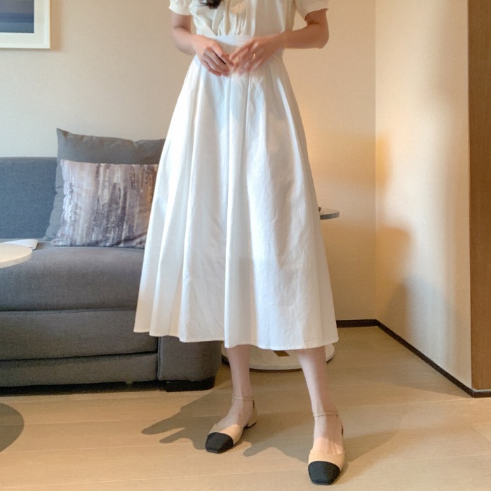 아이스크루 당일배송💕리뷰극찬 앤 린넨 면 코튼 핀턱 플리츠 여름 롱 뒷밴딩 헵번 무지 A라인 하이웨스트 스커트 치마 아이보리