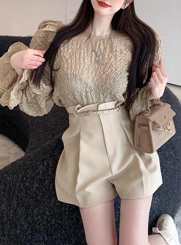 핑크뮬리 직진특가 인기재진행🎀당일출고보장🚛 러드 하객룩 블라우스 반바지 투피스 하이웨스트 퍼프 셔링 핀턱 벨트 정장