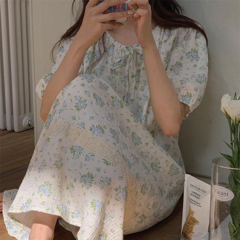메이크미래프 하일리원피스잠옷 여름원피스잠옷 반팔 플라워 면 빅사이즈 임산부 홈웨어 파자마 꽃무늬