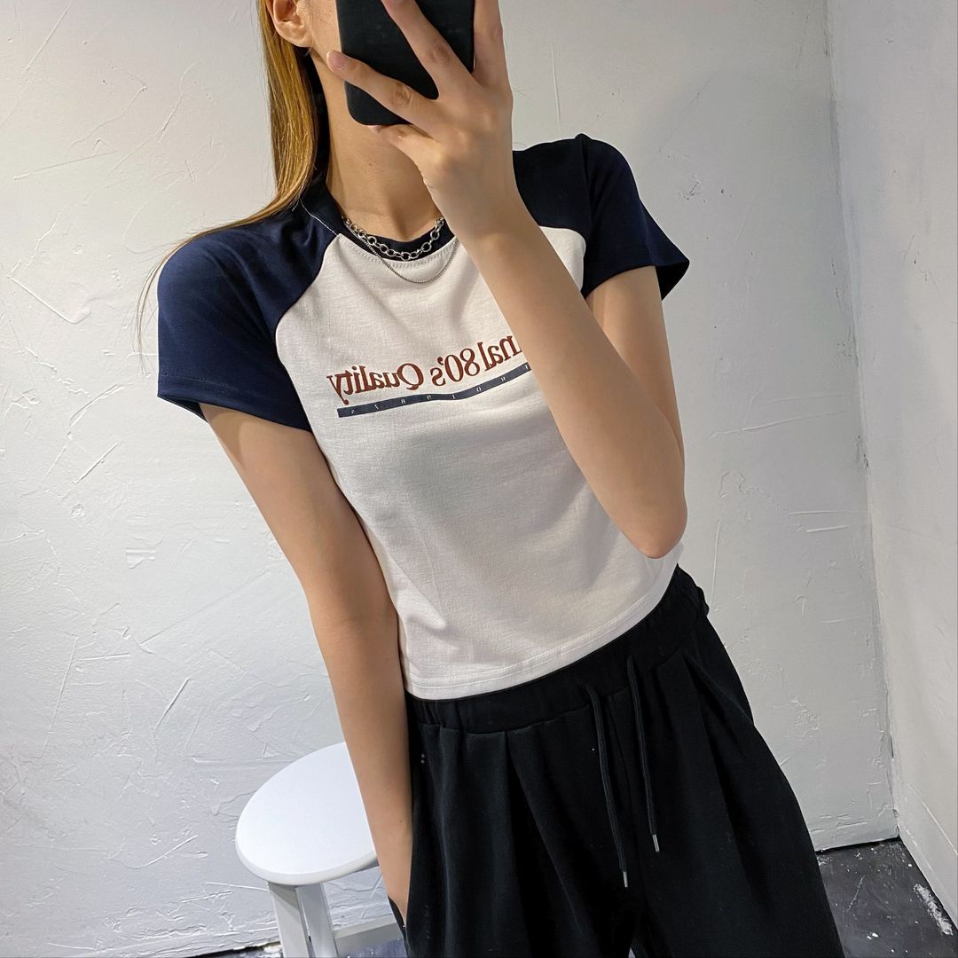무료배송 레터링 세미 크롭 나그랑 배색 프린트 반팔 티셔츠 2color