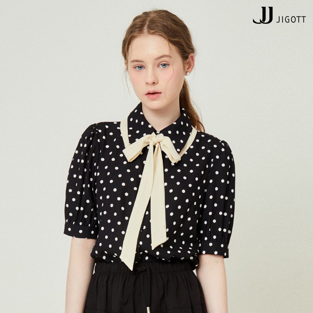 포스티 Jj지고트 배색 칼라 도트 블라우스 Gn5p0bl54