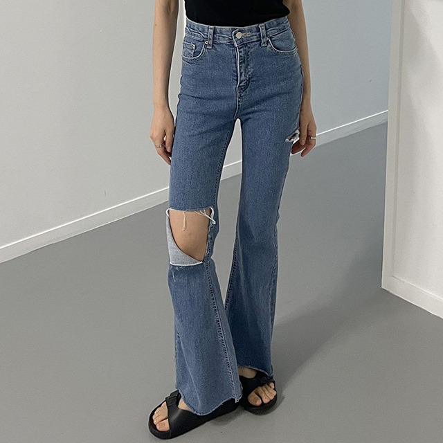 Sml 하이웨스트 부츠컷 청바지 스판 데미지 찢어진 밑단 컷팅 디스트로이드진 연청 중청 진청 포켓 버튼 지퍼 스트릿 방송댄스복 하객룩 바캉스 여름 일자핏 와이드 롱 나만 팬츠