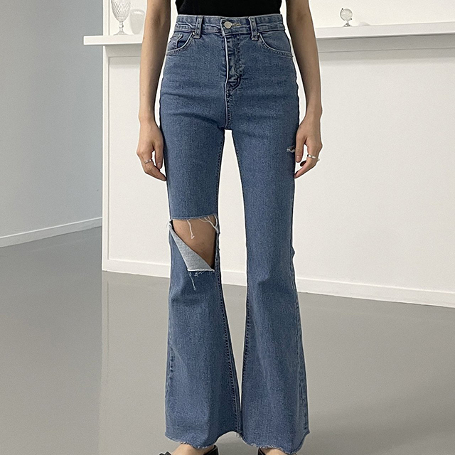 Sml 하이웨스트 부츠컷 청바지 스판 데미지 찢어진 밑단 컷팅 디스트로이드진 연청 중청 진청 포켓 버튼 지퍼 스트릿 무대의상 하객룩 바캉스 여름 일자핏 와이드 롱 나만 팬츠