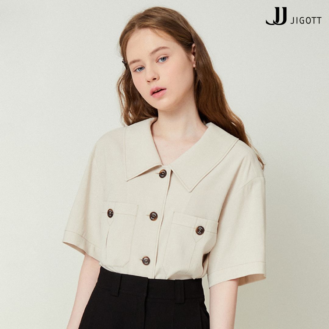 포스티 Jj지고트 테이프 장식 스티치 크롭 블라우스 Gn6a0blr1