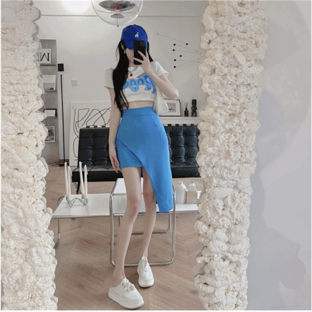무배 반팔크롭 투피스 롱치마 슬림핏 투웨이 여름 원피스세트 오피스룩 꾸안꾸 섹시 세트 언발란스 워터밤 페스티벌 하늘색