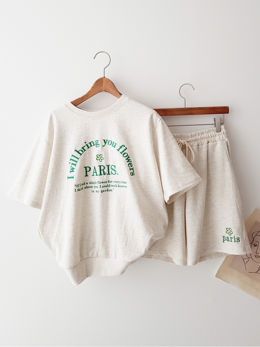리케마켓 편하고예뻐 Paris 플라워 꽃 자수 루즈핏 반팔 맨투맨 티셔츠 밴딩 반바지 투피스 여름 홈웨어 트레이닝복 바캉스 여행룩 추리닝 세트