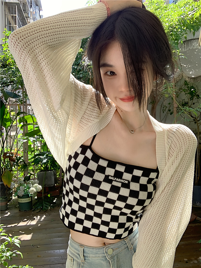 하프닌 세트단품 코비 모노 체크 민소매 뷔스티에 크롭 탑 얇은 썸머가디건 봄 여름 볼레로 가디건 유니크 캐주얼 스트릿 투피스