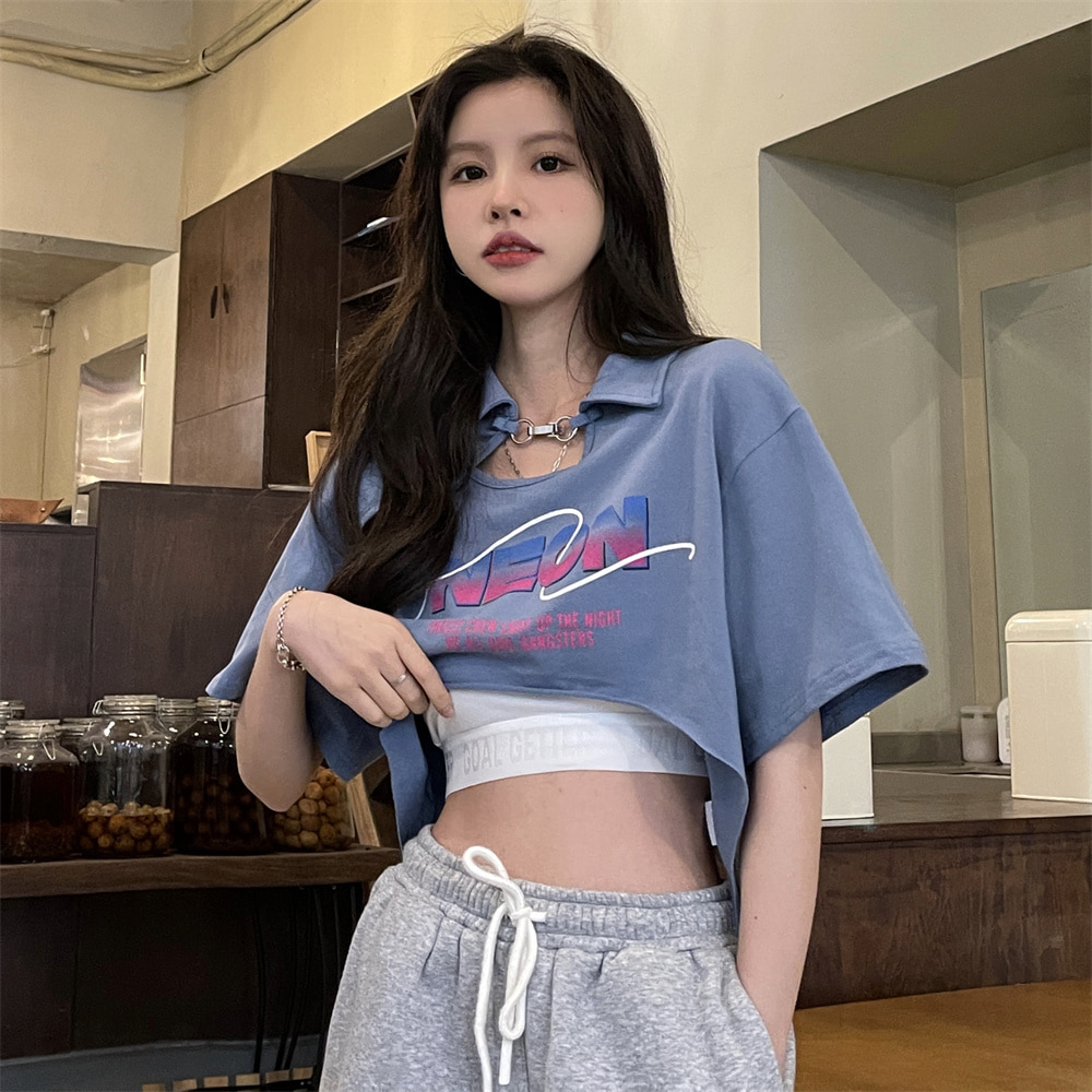 하프닌 페스티벌이너탑증정 네오 워터밤 흠뻑쇼 블루 파랑 레터링 카라 언발 컷팅 캐주얼 유니크 스트릿 Y2k 블록코어