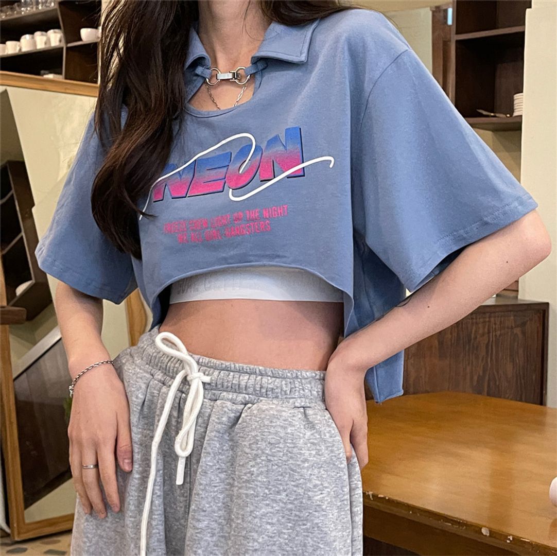 네오 레터링 배색 카라 언발 컷팅 캐주얼 유니크 스트릿 놈코어 블루 락시크 버클 오버핏 루즈 봄 여름 반팔 티셔츠