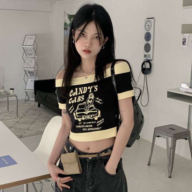 하프닌 레몬 배색 오프숄더 레터링 프린팅 크롭 여름 썸머 짧은 봄 반팔 캐주얼 스트릿 빈티지 레트로 여리 슬림 딱붙는 탑 티셔츠