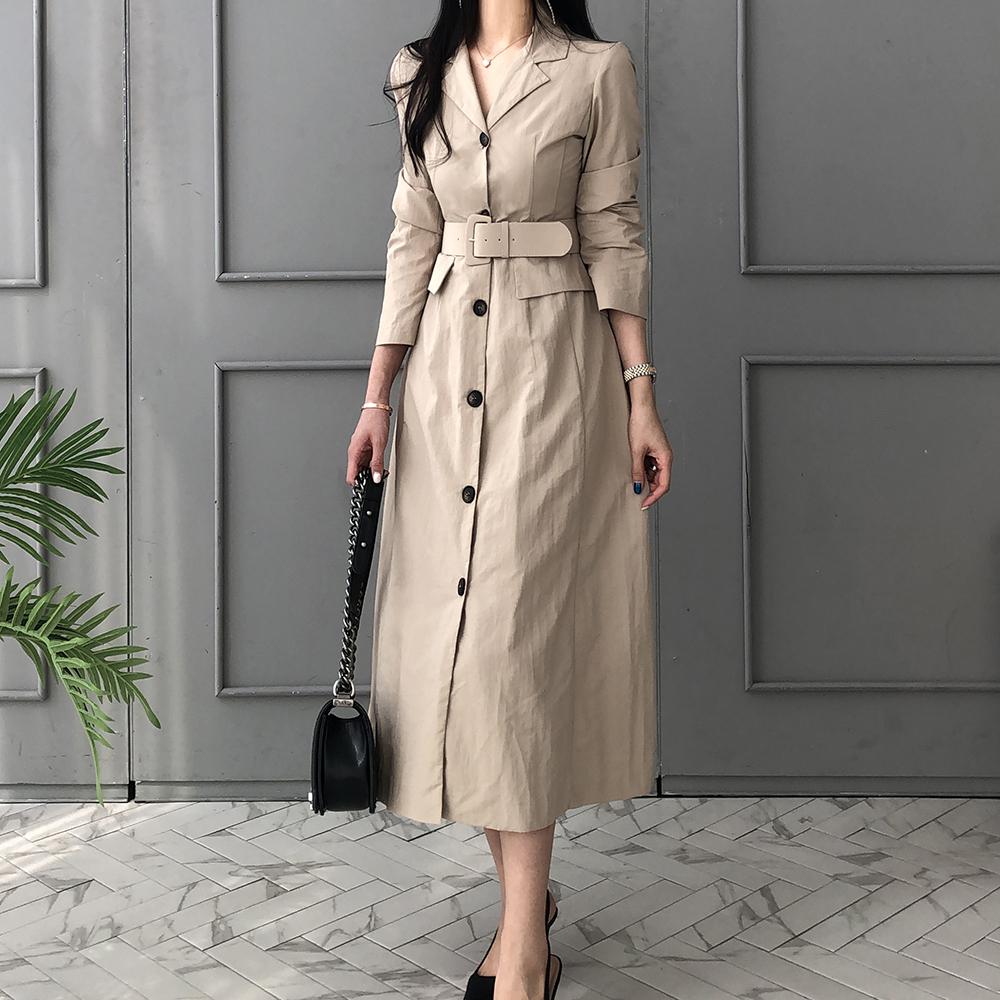 헤이올라 카라 셔츠 자켓 스트랩 A라인 플레어 주름 트렌치 벨트 롱원피스베이지 블랙우아한 고급스러운 결혼식하객 돌잔치 바스락 오피스룩 데일리 상견례