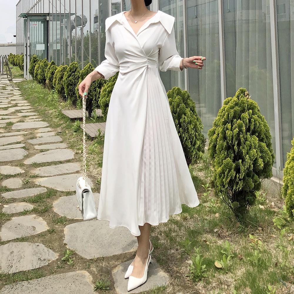 헤이올라 우아한 빅카라 퍼프 셔링 리본 밴딩주름 랩 플리츠 롱 원피스아이보리 블랙화사한 셀프웨딩 결혼식하객 돌잔치엄마 상견례 모임 데일리 아니운서 비서 기념일 오피스룩