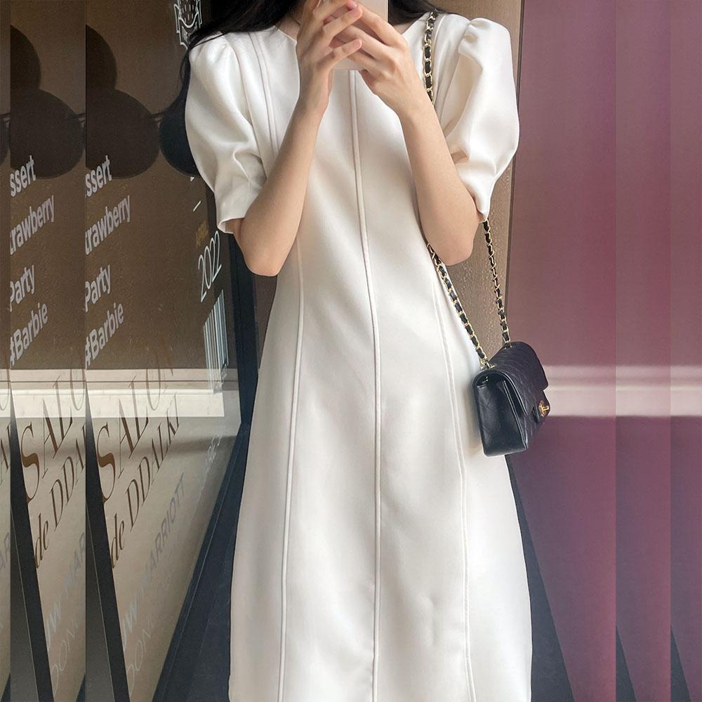 헤이올라 러블리 볼륨 셔링 퍼프소매 A라인 핀턱 미디 롱원피스아이보리블랙우아한 결혼식하객 기념일 돌잔치 셀프웨딩 브라이덜샤워 상견례 모임룩