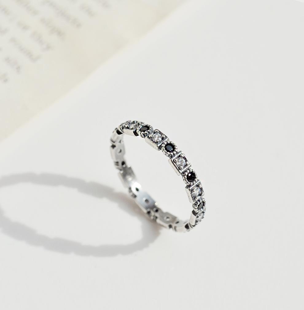 실버 925 2컬러 블랙 유화 사각 무늬 큐빅 슬림 레이어드 실 순은 은 반지 AQ 주얼리