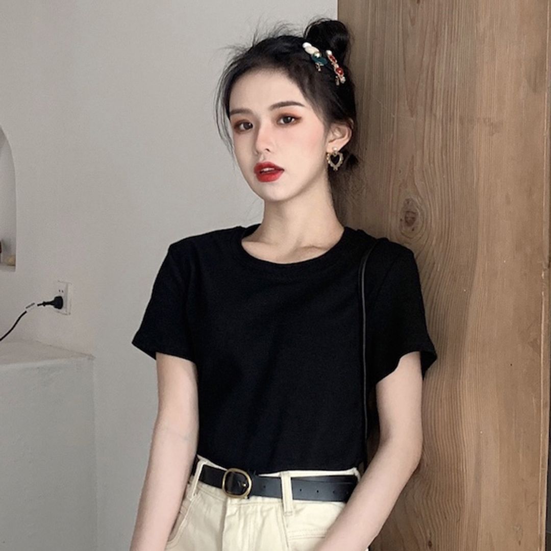 여성 슬림핏 라운드 반팔 무지 티셔츠 여름 얇은 기본 반팔티
