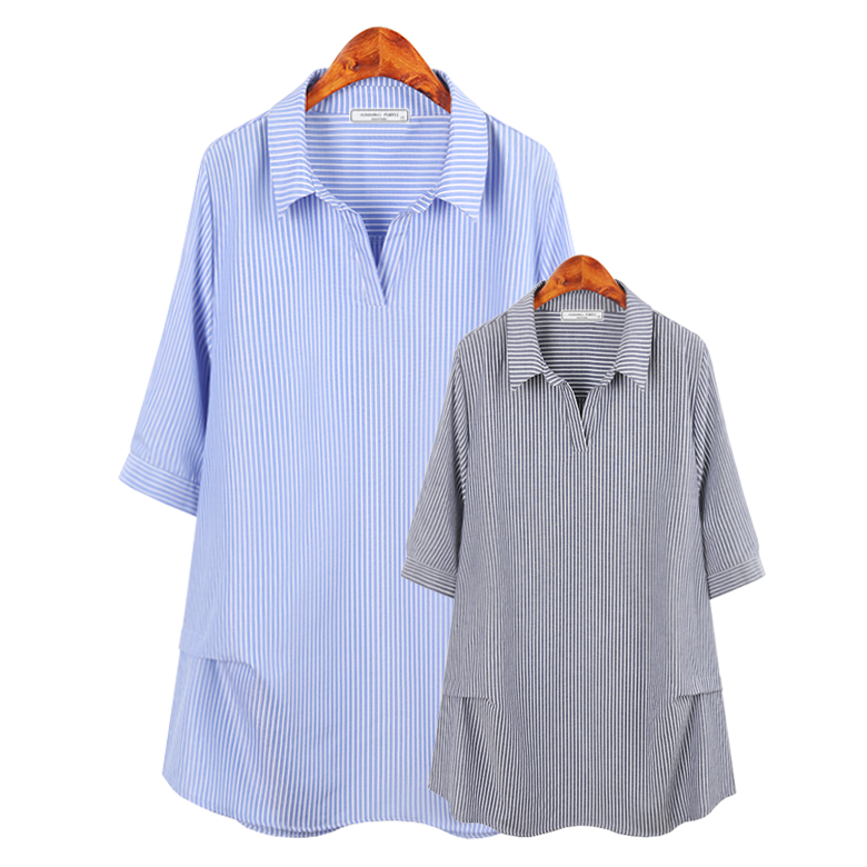 허밍퍼플 허밍퍼플 여성용 2892 레이디 St 오픈 카라 빅사이즈 여름 신상 셔츠 남방 플러스 셔링 세로 스트라이프 줄무늬 여성의류