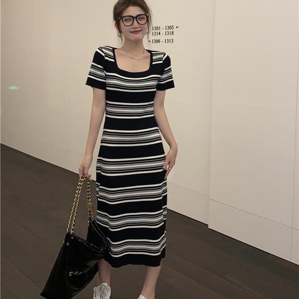 마린 여름 배색 단가라 스트라이프 슬림 세미 H라인 스퀘어넥 반팔 휴양지 바캉스 여행 롱 원피스
