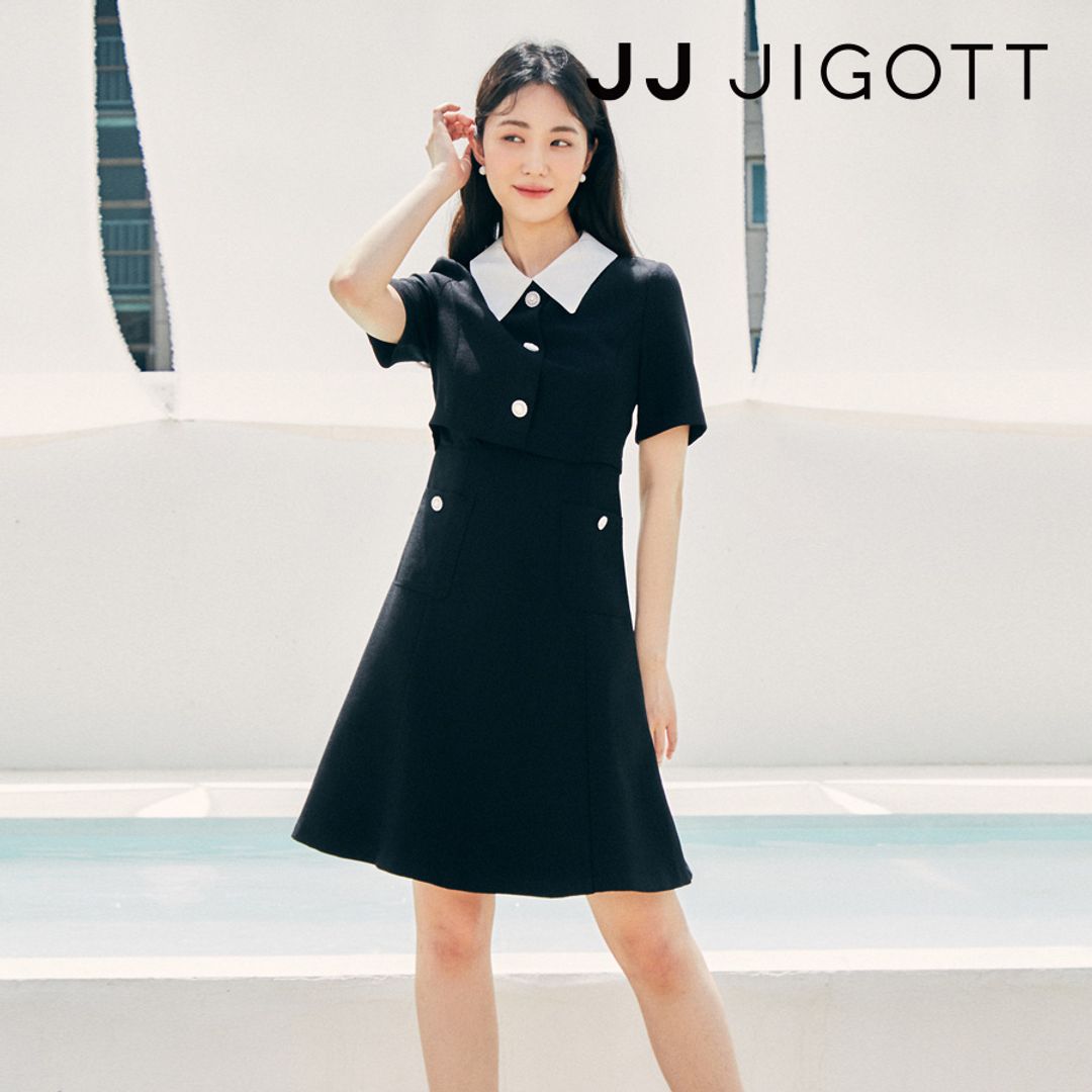 포스티 Jj지고트 펄 쥬얼 버튼 배색 칼라 원피스 Gn6p0op21