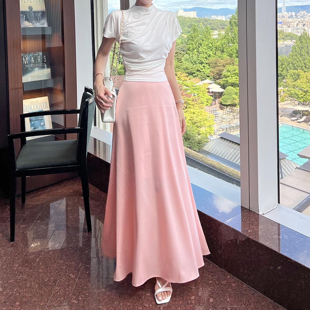 화사한 실키 새틴 뒷밴딩 플레어 맥시 롱스커트(3col) 하늘하늘 머메이드 프릴 데이트룩