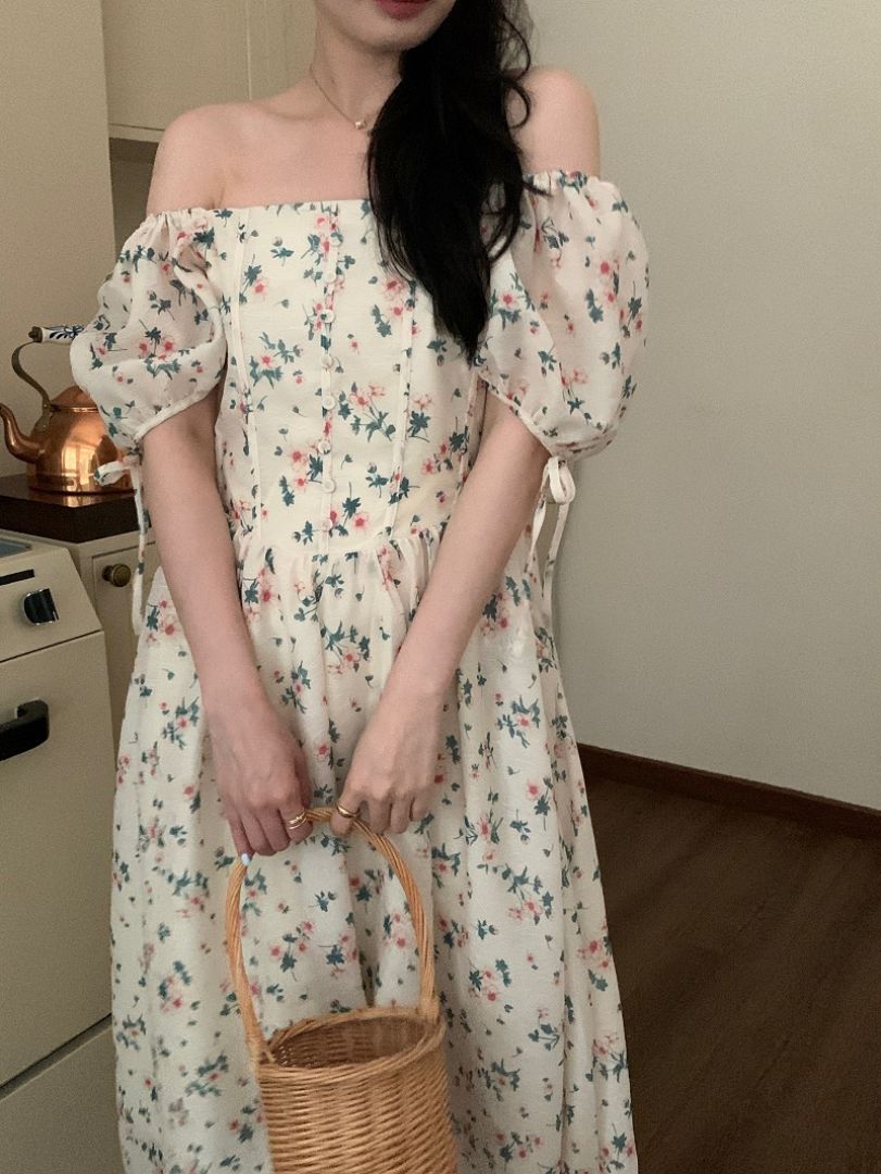 플라워 아이보리 쉬폰 러블리 롱원피스 오프숄더 투웨이 빈티지 퍼프숄더 파스텔 스퀘어넥