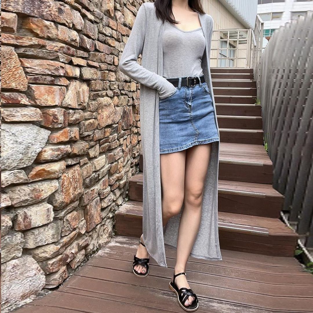 썸플 슬림핏 브이넥 스판 롱 찰랑 가디건 크롭 끈나시 세트 나시가디건세트 가디건세트 상의세트