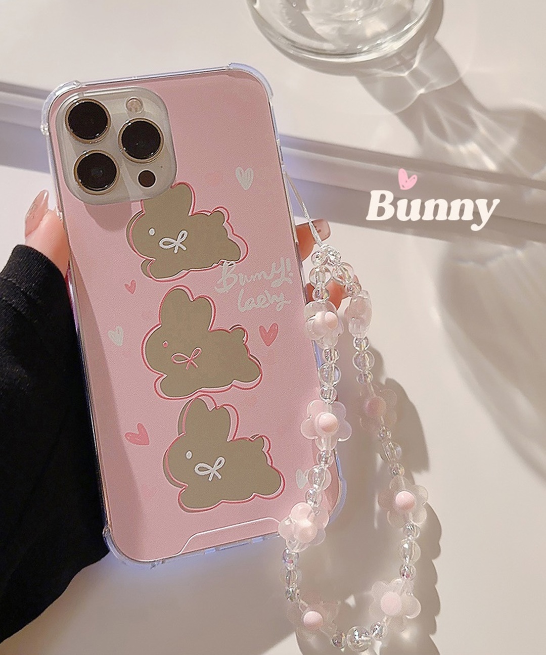 신상 핑크 토끼 비즈 스트랩 귀여운 미러 아이폰케이스 범퍼 거울 핸드폰케이스 생일선물 우정템 아이폰 7 8 Se2 Se3 X Xs Xr 11 14 프로 맥스 12 13 미니