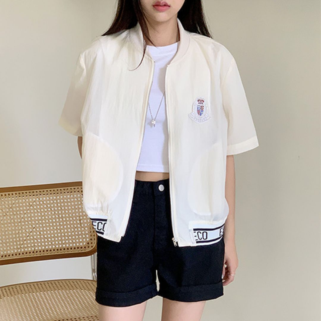 여성 노카라 와펜 레러팅 시보리 5부 반팔 여름 블루종 집업점퍼 자켓 아이보리 네이비