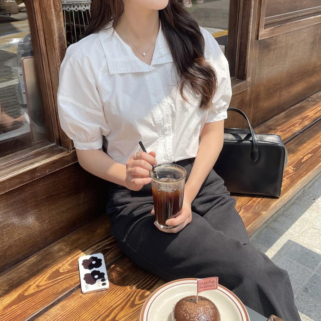 퍼프 반팔 오픈카라 여름 여리 여성 반팔 루즈핏 면 남색 흰색 소라색 블라우스 셔츠 남방