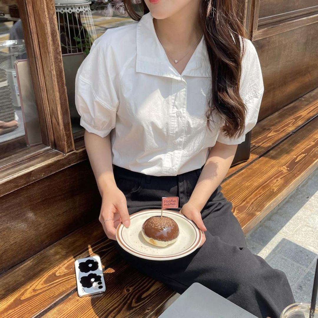 퍼프 반팔 오픈카라 여름 여리 여성 반팔 루즈핏 면 남색 흰색 소라색 블라우스 셔츠 남방