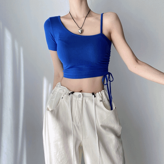 [흠뻑쇼/페스티벌룩] 반반 프로 스트링 셔링 언발 나시 반팔티 3color Y2K 섹시 워터밤 크롭