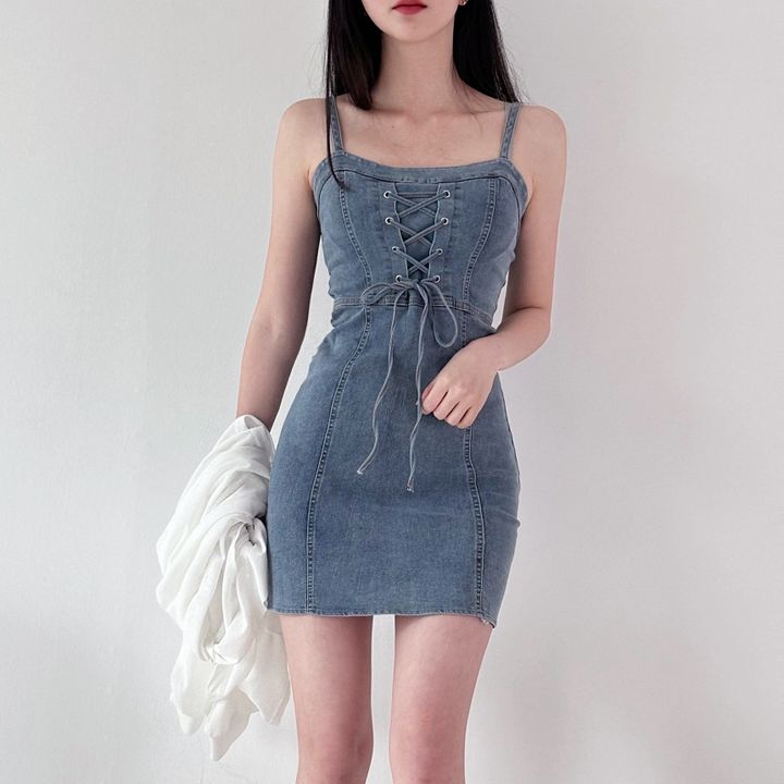 팜플레무스 여신핏허리잘록 청량 여름 데님 코르셋 스판 나시 원피스 미니원피스 바캉스 휴가룩 페스티벌