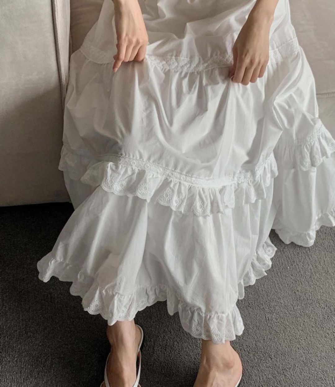 자수 레이스 허리밴딩 캉캉 롱스커트