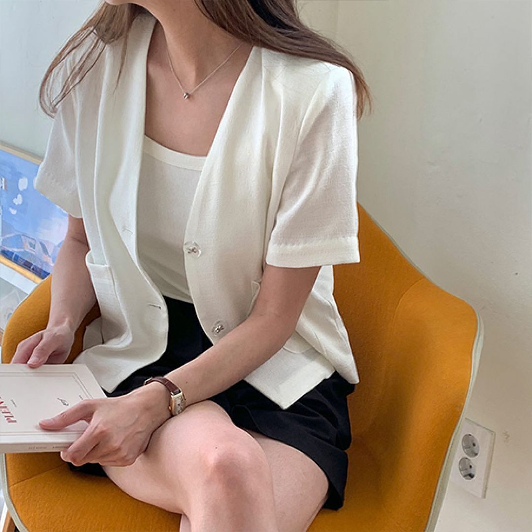 여성 브이넥 3버튼 포켓 노카라 화이트 흰색 트위드 숏 여름 반팔자켓 검정 하객룩