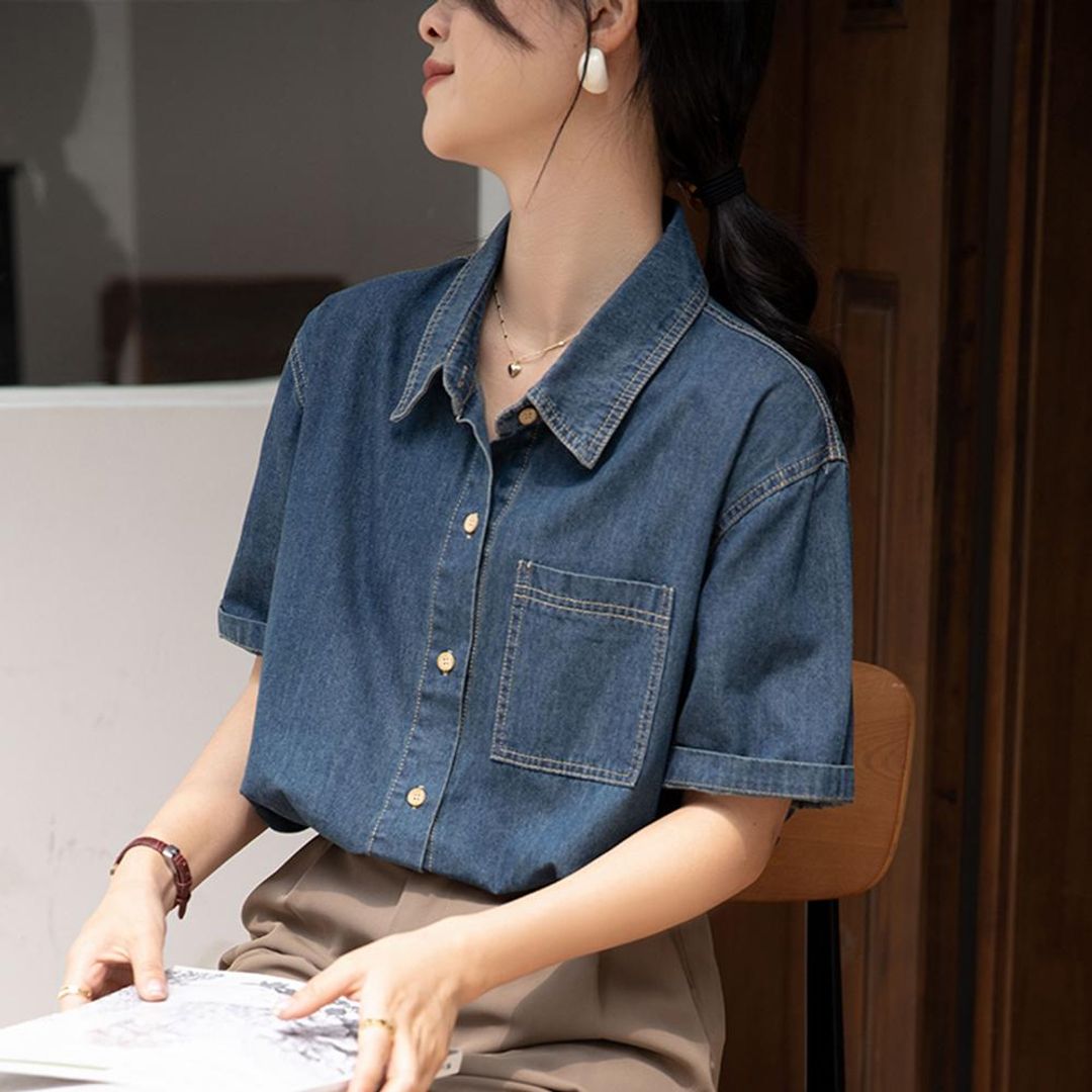 데데 여름 여성 루즈핏 데님 남방 반팔 진청 셔츠 블라우스 청남방