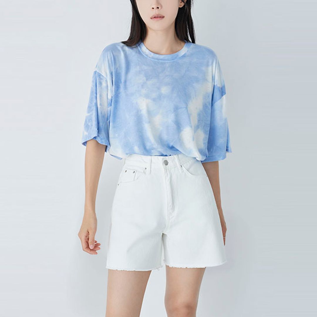 루즈핏 여름 찰랑 물나염 타이다이 반팔 티셔츠 Tf99b3 티 면 코튼 라운드넥 블루 그레이 소라 썸머 여행 바캉스 휴양지 휴가