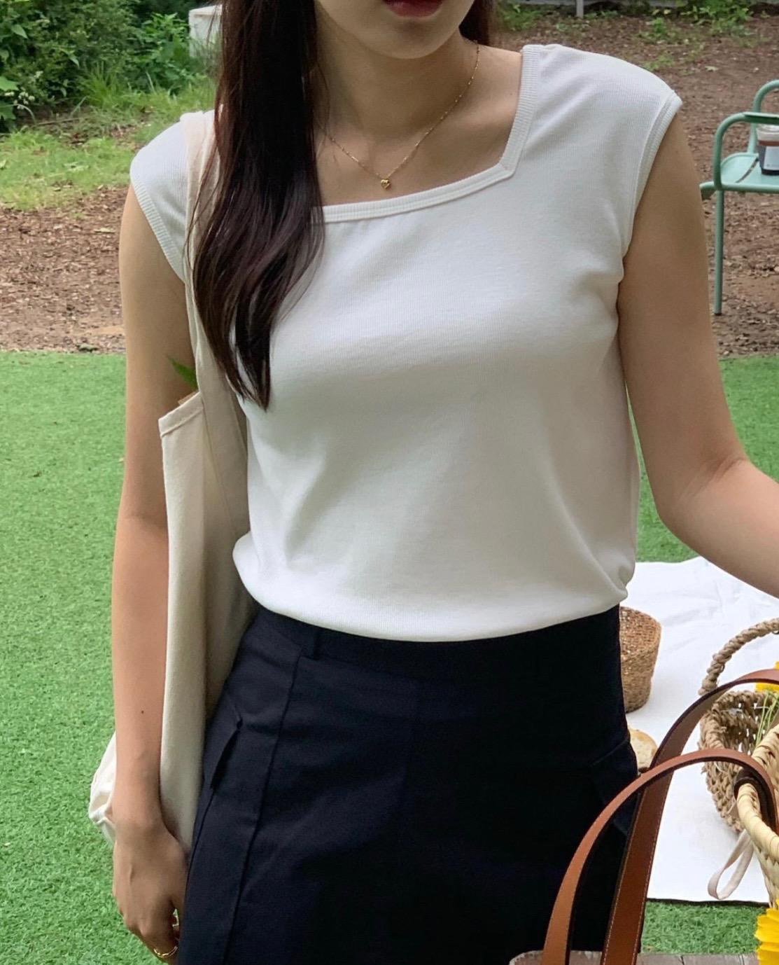 나우어데이즈 버베인 셀리 골지 드랍숄더 티셔츠 코튼 스퀘어넥 이너 t (4col)