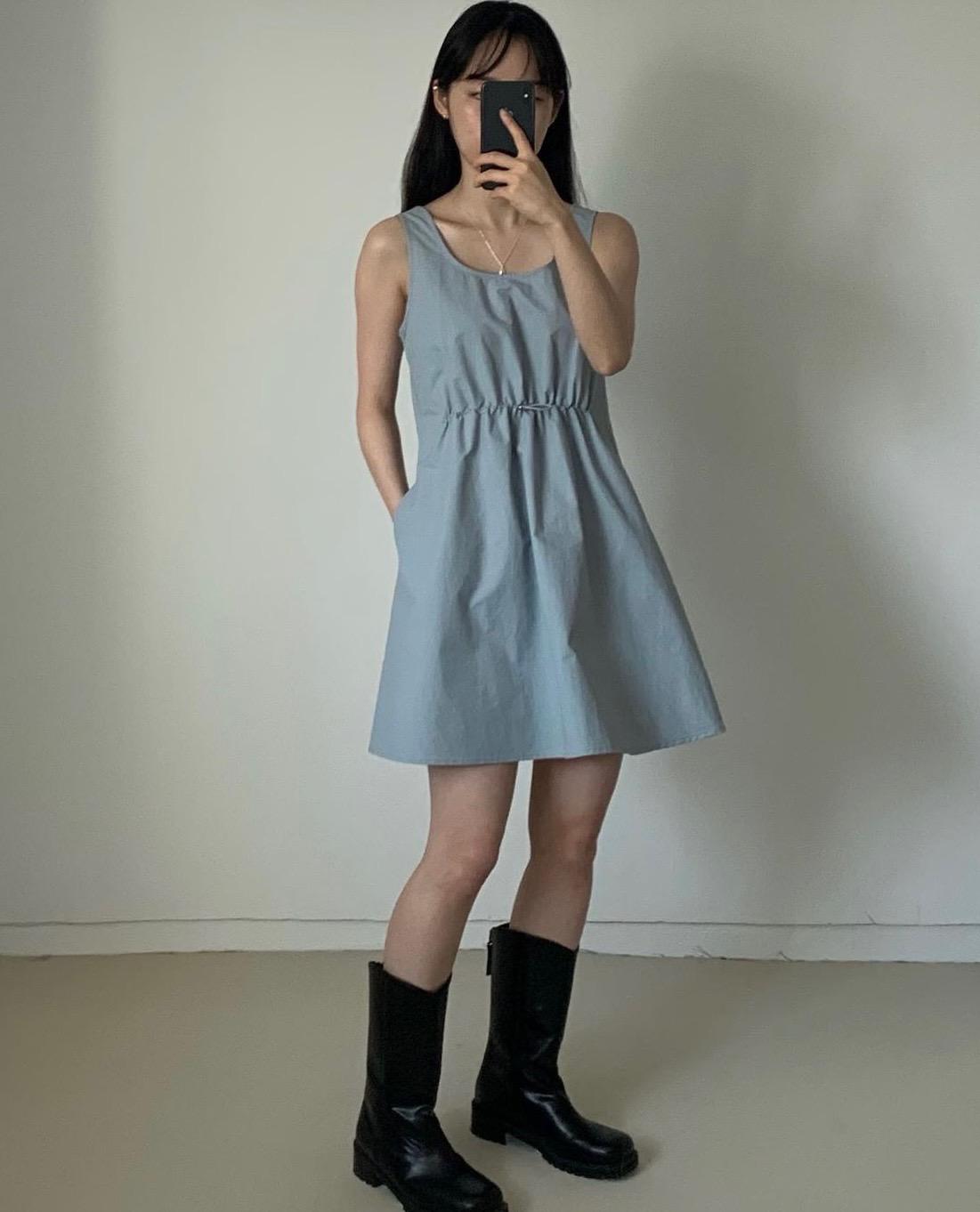 나우어데이즈 유넥 미니 원피스 코튼 슬리브리스 A라인 스트링 숏 ops (3col)