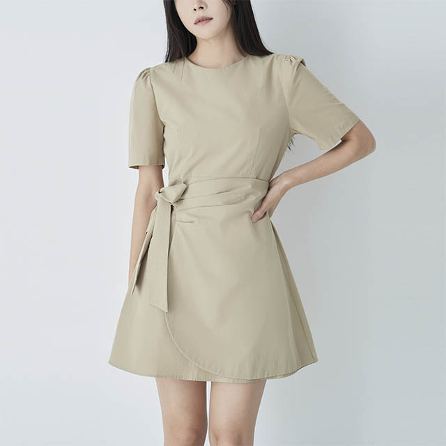 리틀마켓 라스트원 세일 뒷지퍼 밴딩 리본 끈 퍼프 반팔 미니 랩 원피스 Of09b3 드레스 숏 미디 A라인 허리 코튼 소라 베이지 여름 썸머 하객 결혼식 데이트 출근